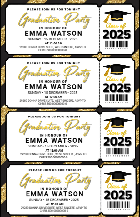 Golden & Black Graduation Party Ticket Pass 2025 Template | PosterMyWall