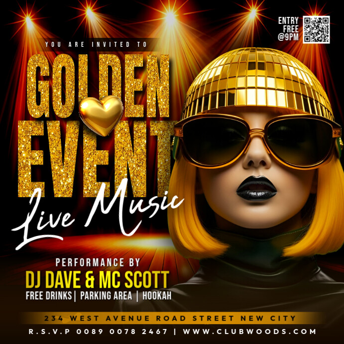 Copy of Golden event night club ladies party dj live music invitation ...