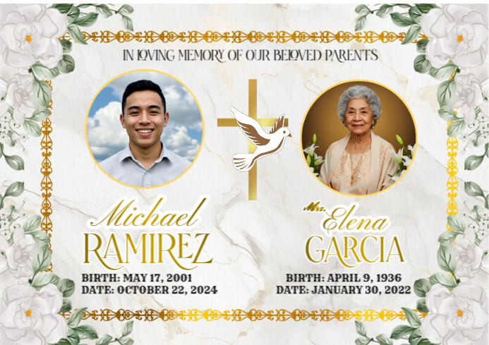 Golden floral dual memorial tribute Template | PosterMyWall