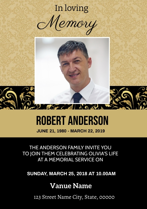 Golden Funeral Announcement Card Template | PosterMyWall