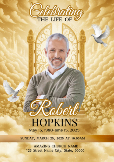 Golden Sky Heavenly Funeral program Announcement Card Template ...