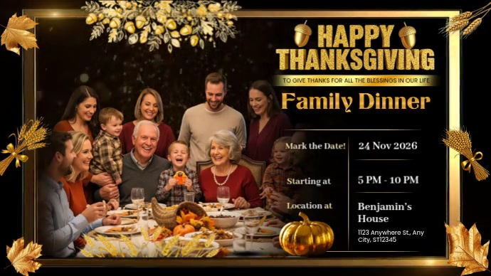 Golden Thanksgiving Family Dinner Template | PosterMyWall
