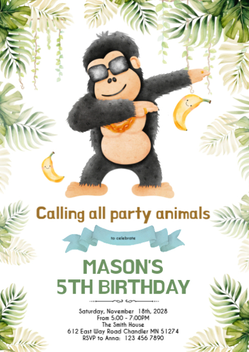 Gorilla birthday party invitation Template | PosterMyWall