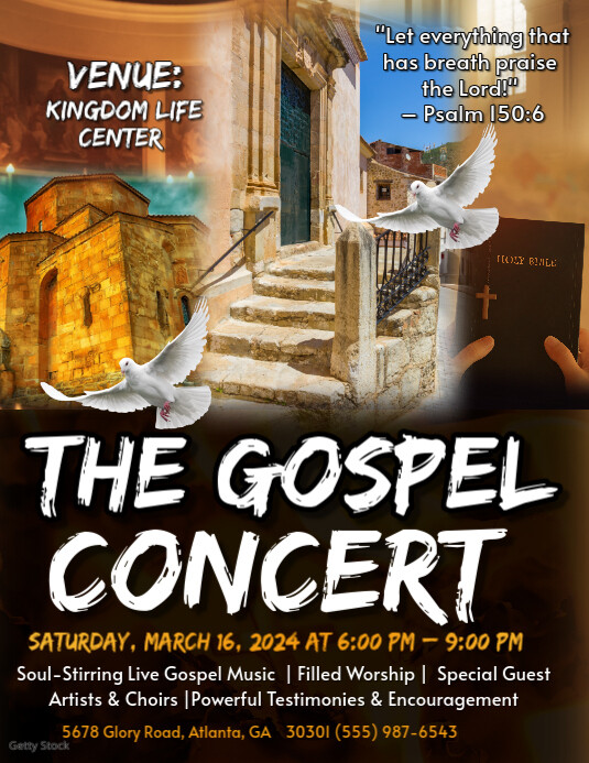Gospel Concert Flyer a majestic church, an open bible, and graceful ...
