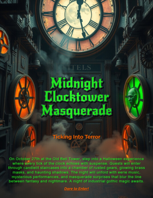 Gothic clocktower steampunk Halloween masquerade flyer template ...