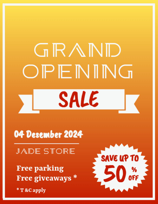 Gradien yellow and red grand opening Pamflet Templat | PosterMyWall
