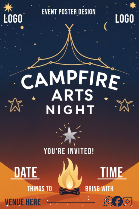 Gradient Creative Campfire Arts Night Poster With Gold Camping Motifs ...