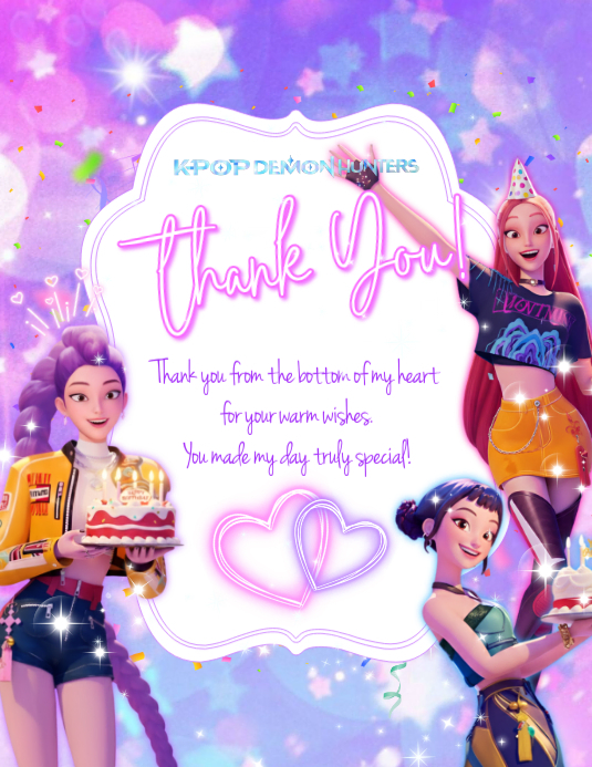 Gradient Kpop Demon Hunters Birthday Thank You Card Flyer (us Letter ...