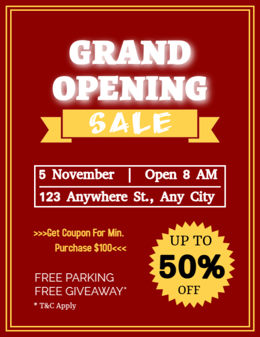 Gradient Purple and Yellow Grand Opening Sale Flyer Template | PosterMyWall