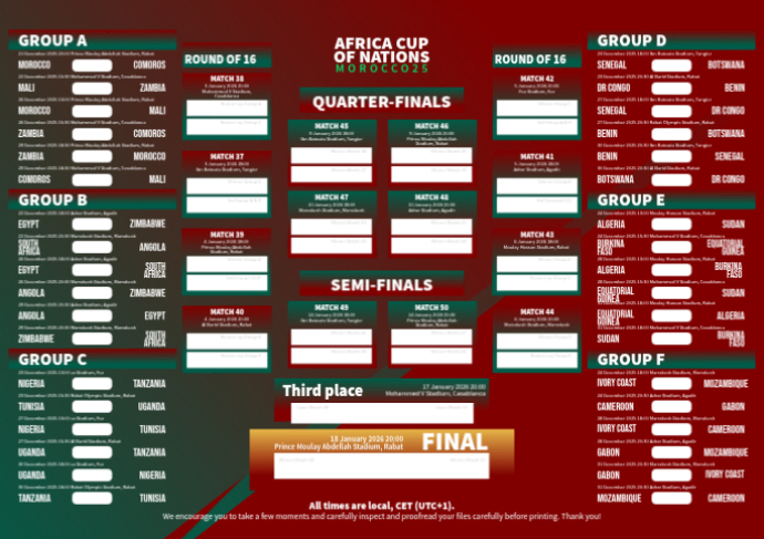 Gradient Red Green AFCON 2025 Wall Chart Football Template | PosterMyWall