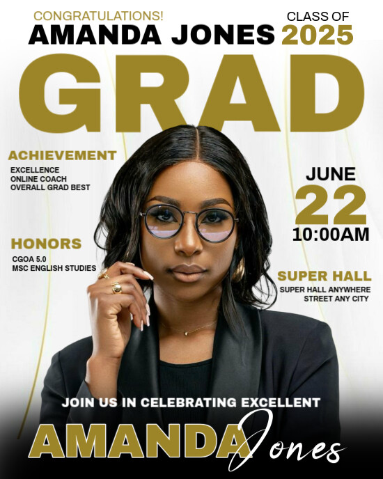 Copy of White and gold personalized graduation ceremony invite flyer ...