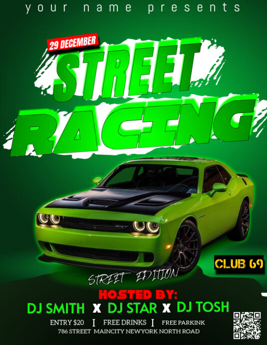 Green 3d Street Racing Club Party Flyer (us Letter) Template | PosterMyWall