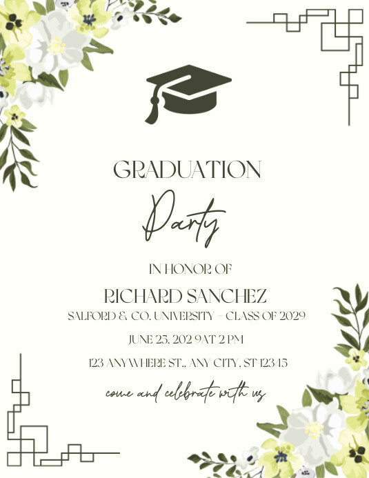 Green and Cream Floral Graduation Invitation Template | PosterMyWall