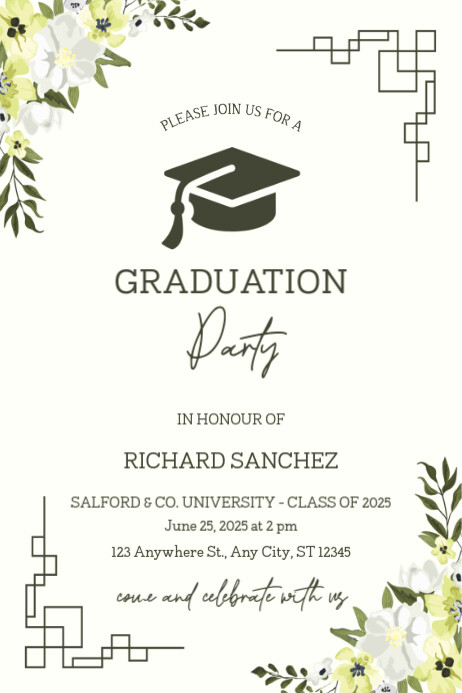 Copy of Green and Cream Floral Graduation Invitation Poster | PosterMyWall