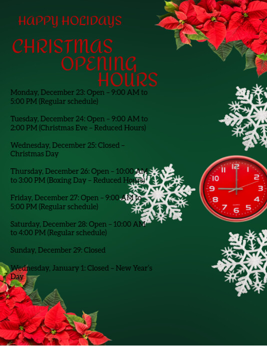 Copy of Green and red Joyful Christmas Opening Hours Flyer (us Letter) | PosterMyWall