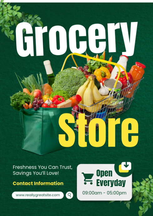 Green and Yellow Modern Grocery Store A4 Template | PosterMyWall