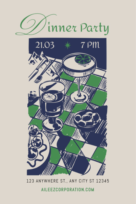 Modèle Green Beige Illustrative Dinner Party Poster | PosterMyWall