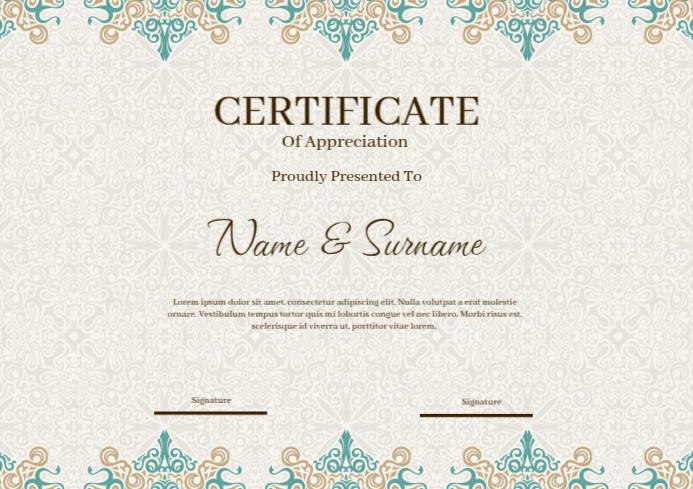 Green Brown Modern Ornament Certificate A4 Document Template | PosterMyWall