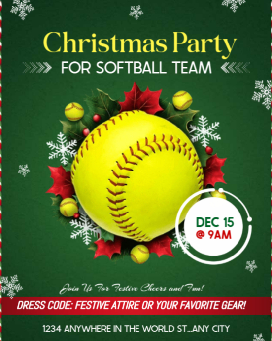 Plantilla de Green Floral Editable Softball Team Christmas Party Flyer ...