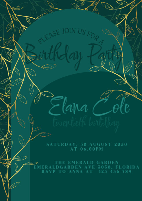 Green Floral Emerald Gold Leaf Birthday Invitation A5 Template ...