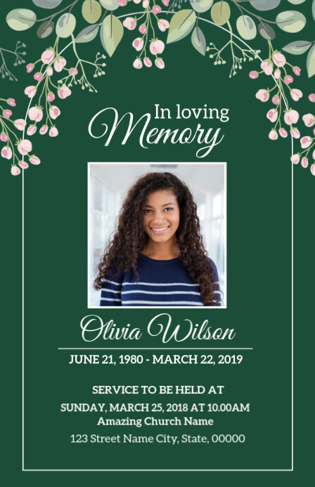 Green Floral Funeral Announcement Template | PosterMyWall