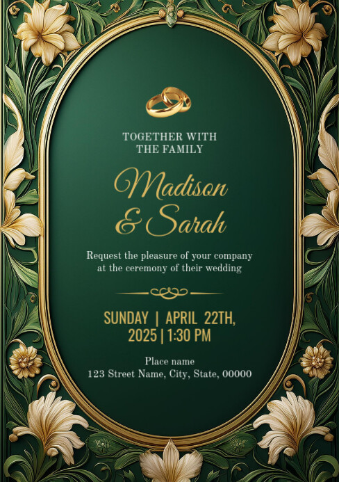 Green Floral Wedding Invitation A5 Template | PosterMyWall