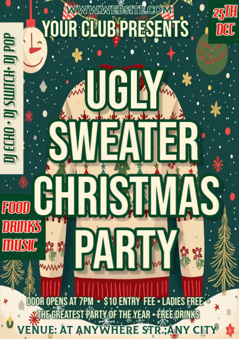 Green Illustrative Ugly Sweater Christmas Party Flyer A4 Template ...