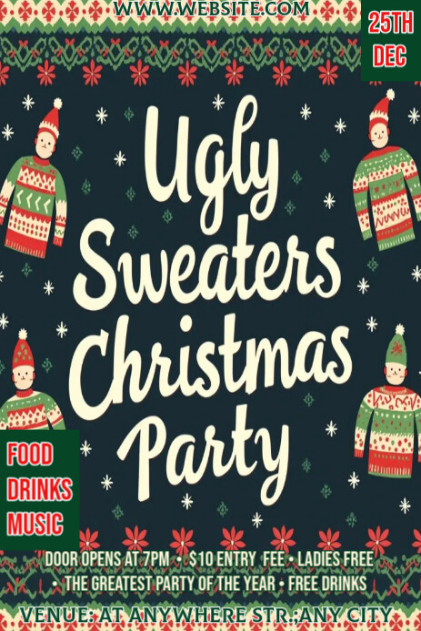 Green Illustrative Ugly Sweaters Christmas Party Template Flyer ...