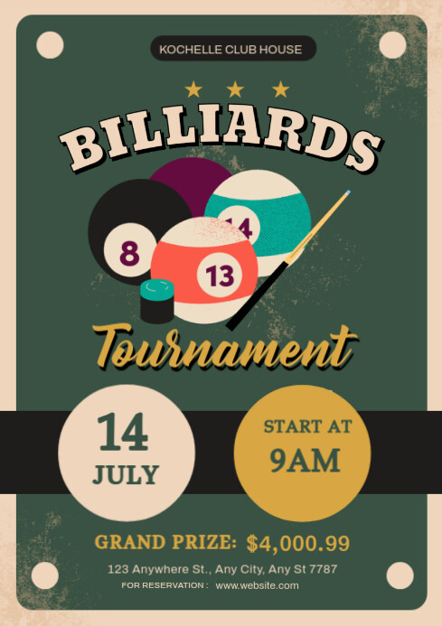 Green Joyful Billiard Tournament A4 Template | PosterMyWall