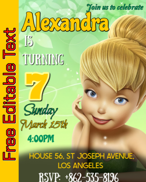 Copy of Green Joyful Editable Thinker Bell Birthday Party Invitation ...