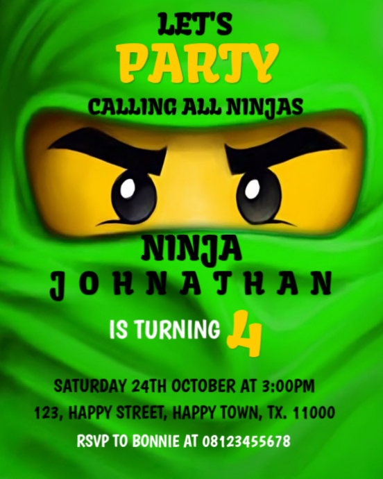 Green Joyful Lego Ninjago Birthday Invitation Template Instagram ...