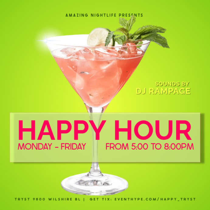 Green Joyful Lime Green Joyful Happy Hour Flyer Template Instagram Post ...