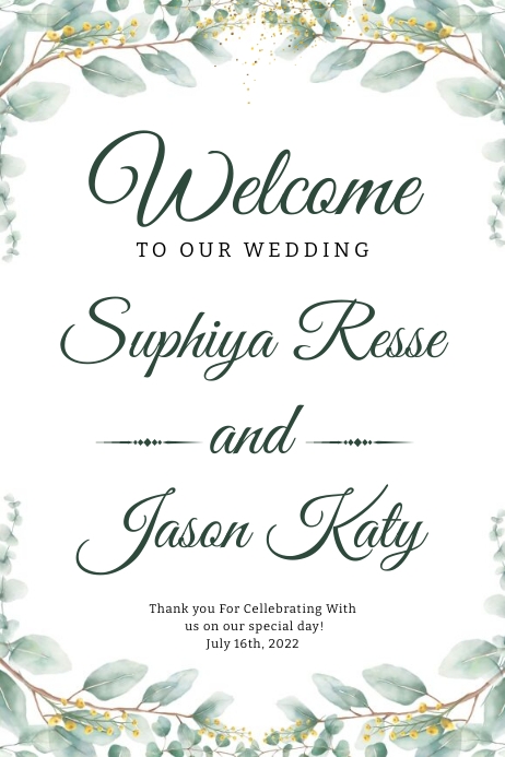 Green leaf Wedding Welcome Sign Template | PosterMyWall