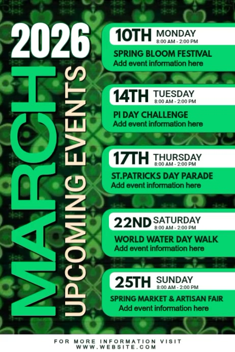 Green March Events Schedule | March Upcoming Events Poster Template ...