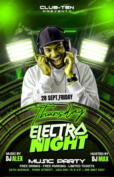 Green Maximalist Electro Music Night Video Ads Flyer Tabloid Template ...
