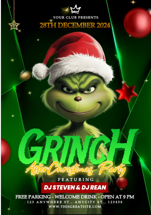 Green Maximalist Grinch After Christmas Party A4 Template | PosterMyWall