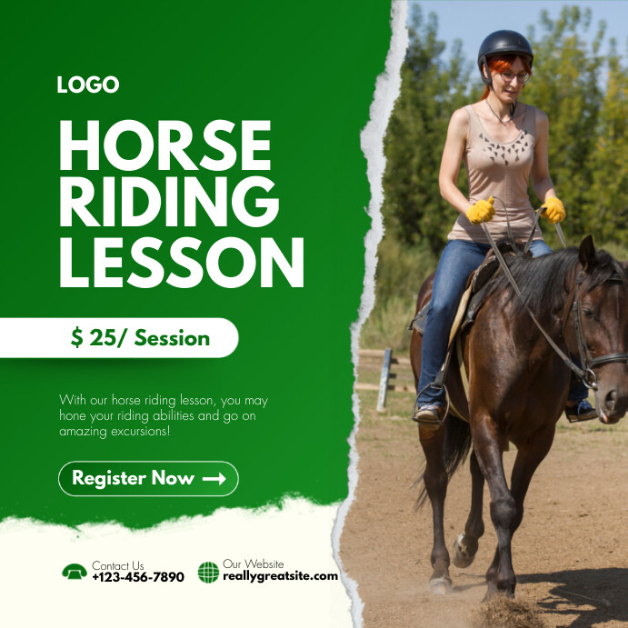 GREEN Maximalist Horse Riding Classes Lessons Template | PosterMyWall