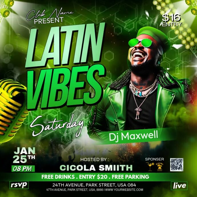 Green Maximalist Latin Vibes Party Instagram Post Template | PosterMyWall