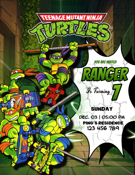 Green Maximalist Ninja Turtles Birthday Flyer (us Letter) Template ...