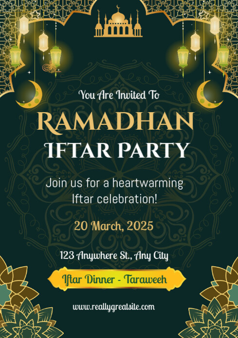 Green Maximalist Ramadan Iftar Party Flyer Template A4 | PosterMyWall