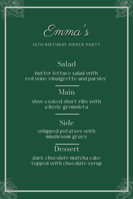 Copy of Green Modern & Minimal Elegant Birthday Dinner Party Menu ...