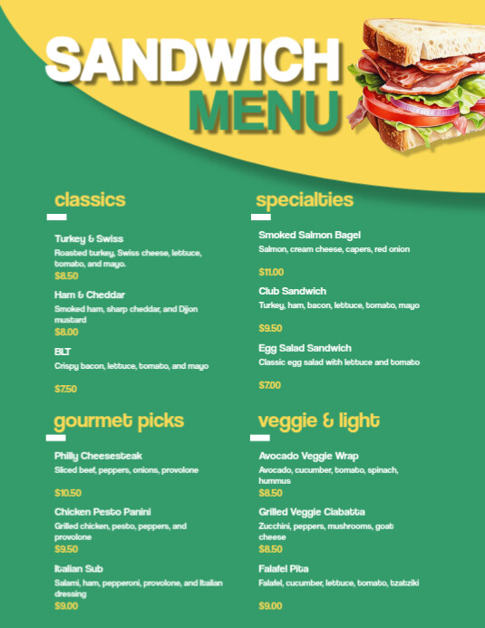 Green Modern & Minimal Sandwich Menu Flyer (us Letter) Template ...