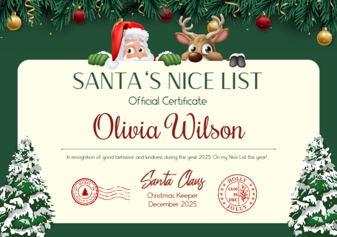 Green Modern & Minimal Santa Nice List Certificate A4 Template ...