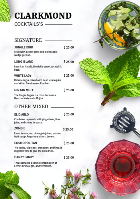 Green Modern Cocktail's Drink Menu A4 Temp Template | PosterMyWall