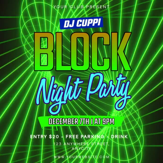 Green Neon Block Night Party Pos Instagram Template | PosterMyWall