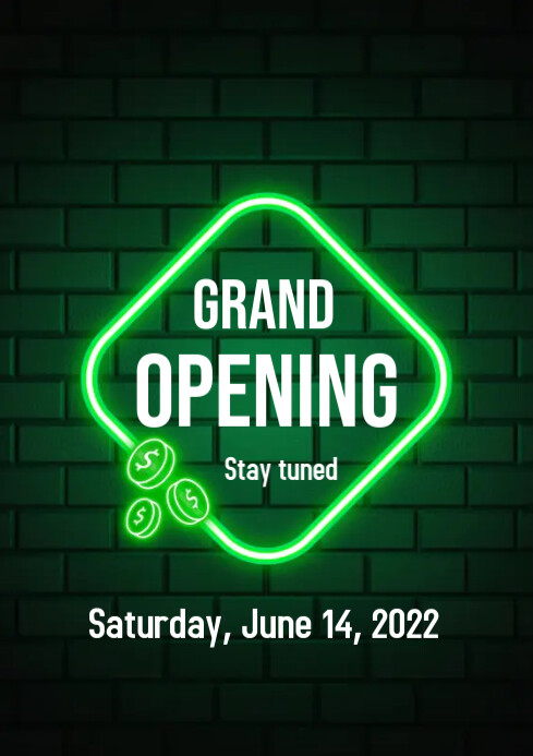 Green Neon Grand Opening. A4 Template | PosterMyWall