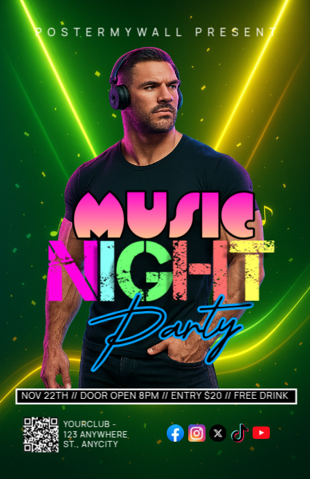 Green Neon Music Night Party Tabloid Template | PosterMyWall