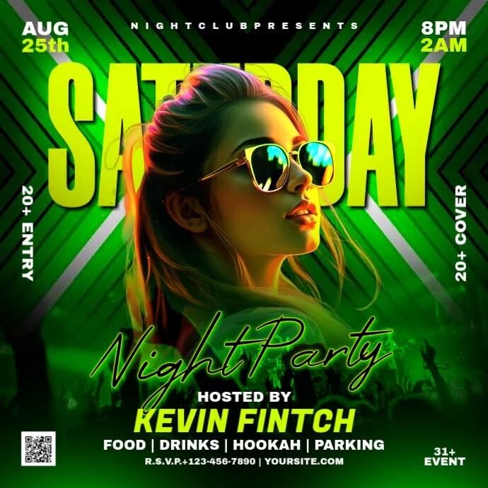 Green Neon Saturday Night Party Square (1:1) Template | PosterMyWall