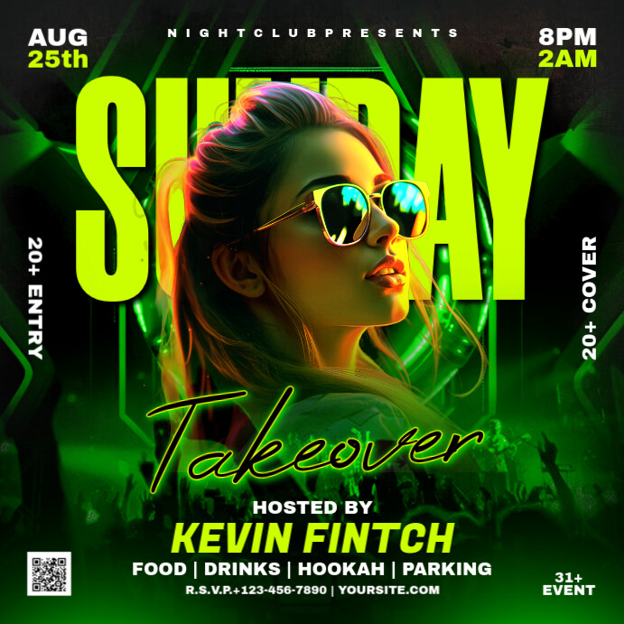 Green Neon Sunday Takeover Night Instagram Post Template | PosterMyWall