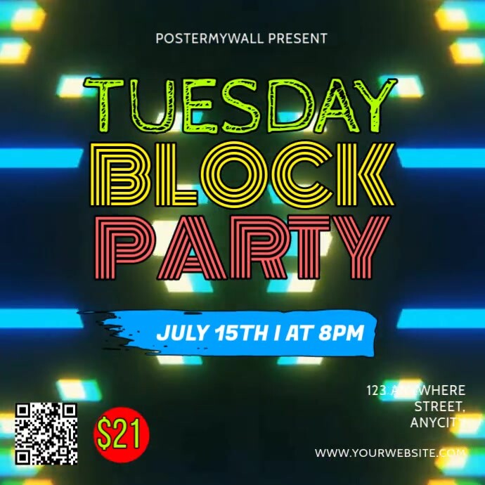 Green Neon Tuesday Block Party Pos Instagram Template | PosterMyWall